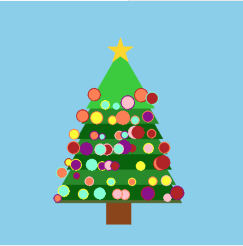 Screen shot of Click-to-Decorate Christmas Tree Python game in Trinket.io